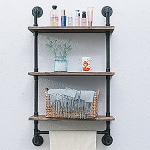 Womio Industrial Pipe Bathroom Shelves Wall Mounted with Towel Bar,19.7in Rustic Wall Decor Farmhouse,3 Tiered Towel Rack Metal Floating Shelves Towel Holder,Wall Shelf Over Toilet