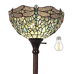 MOOVIEW Tiffany Floor Lamp Torchiere LED Uplight Stained Glass Dragonfly Retro Floor Lamps for Living Room Retro Corner Bright Torch Lamp Included 1PCS LED Bulb(2700K, E26), Sea Blue