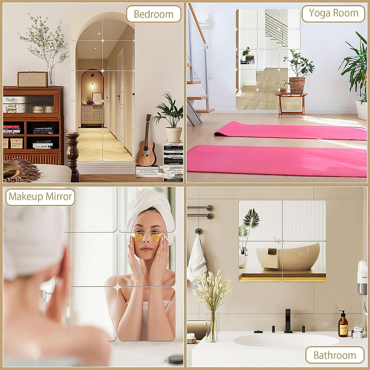 JUNEBRUSHS 4 Pack Self Adhesive Acrylic Mirror, 8 x 8 Inch Mirror Tiles,Flexible Plastic Mirror Sheets Wall Stickers,2MM Thick Mirror,Frameless Small Mirror