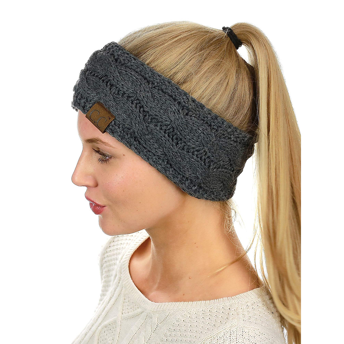 C.C Soft Stretch Winter Warm Cable Knit Fuzzy Lined Ear Warmer Headband, Dark Melange Gray