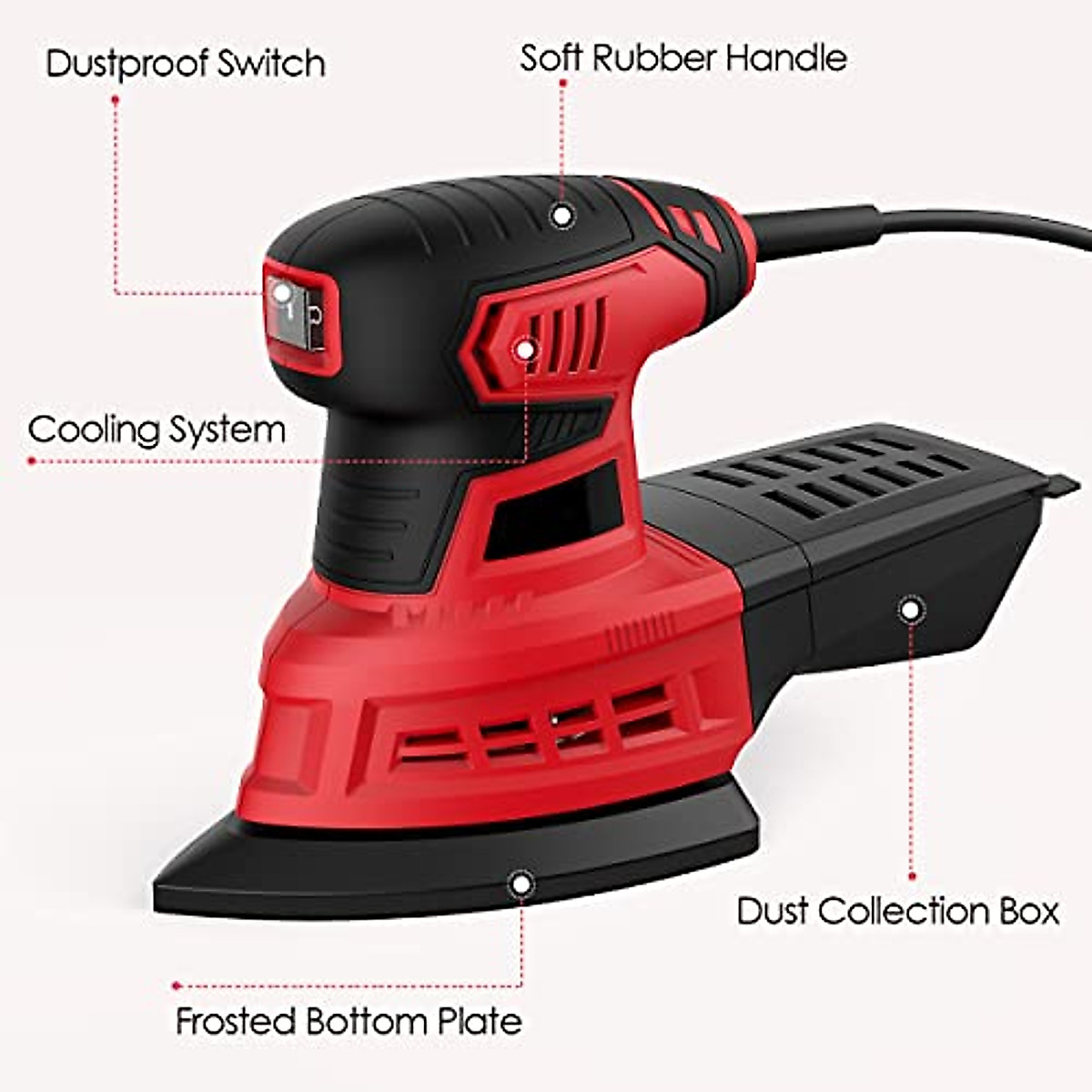 Sander Tool, 200W Electric Hand Sander for Wood & Metal, 12500 RPM Palm Detail Sander, Random Orbit Sanders with 20 Pcs Sanding Paper, Vacuum Dust Collection Box, for Plywood, Paint Dry Walls