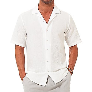 Alimens & Gentle Men's Seersucker Hawaiian Shirts Casual Short Sleeve Button Down Shirt for Men Summer Beach Shirt(White, Large)