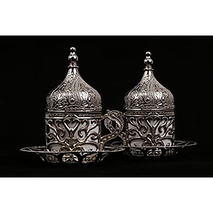 Küchengeräte Turkish Greek Arabic Moroccan Coffee Cup - Set of 2 - Espresso Cup with Inner Porcelain Metal Holder Plate and Lid - 2 Cups Consists of 8 Pcs - Best Gift Idea
