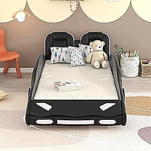 JIVOIT Twin Size Race Car-Shaped Platform Bed with Wheels, Wooden Platform Bed Frame with Two Seats and Wood Slat Support, Twin Car Bed for Kids Teens