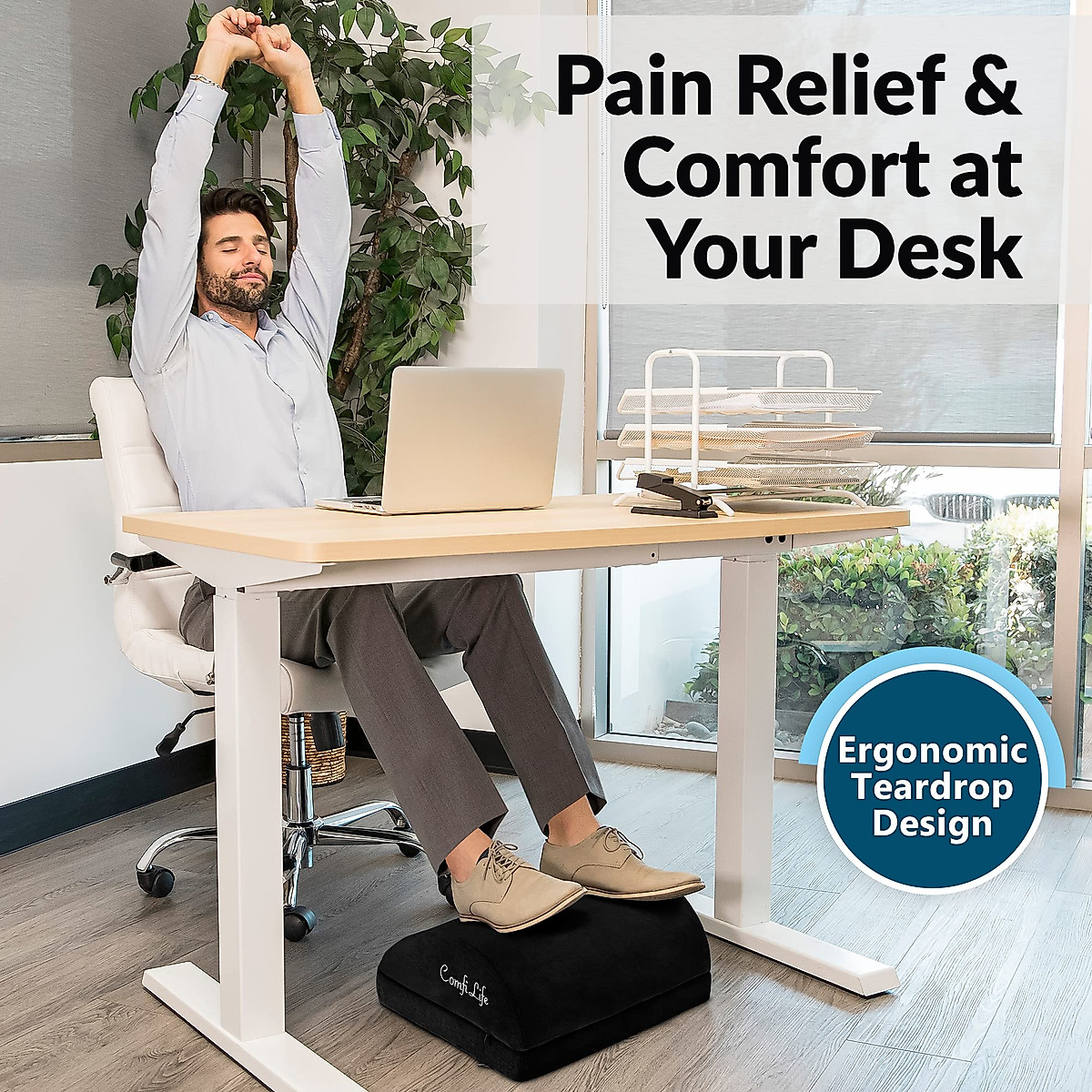 ComfiLife Foot Rest for Under Desk at Work – Adjustable Desk Foot Rest for Office Chair, Gaming – Ergonomic Teardrop Design for Back, Hip & Leg Pain Relief – 100% Memory Foam (Black)