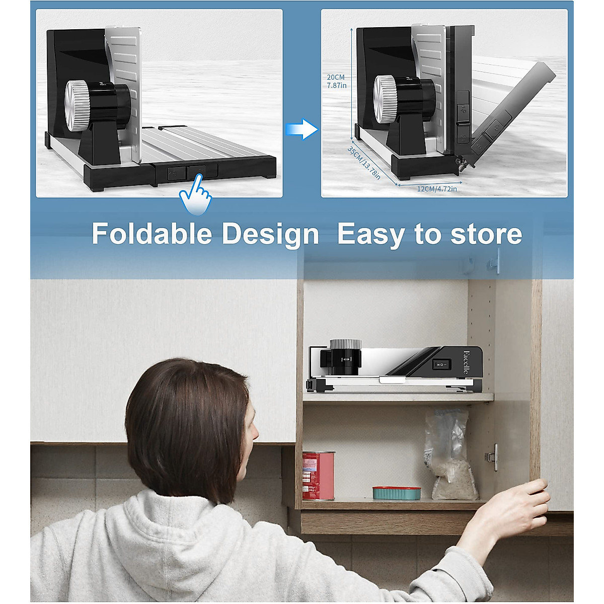 Meat Slicer, Electric Deli Meat Slicer for Home Facelle, 0-18mm Adjustable Thickness Electric Food Slicer Machine with Removable Stainless Steel Blades, Foldable and easy to store