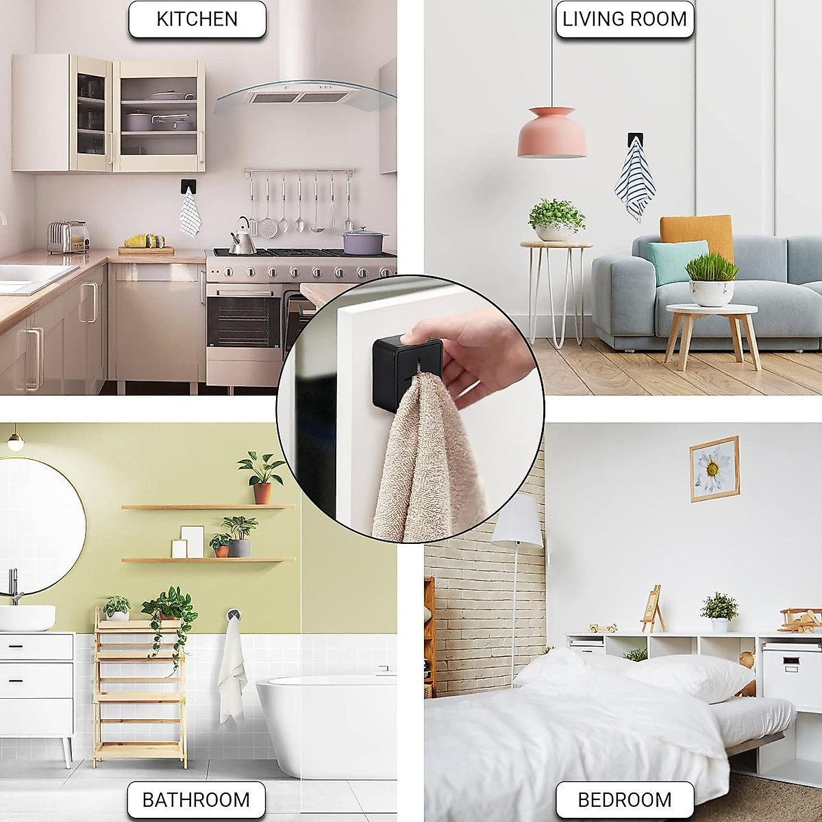 Rpanle Kitchen Towel Hooks 4 Pack, Adhesive Push Towel Hooks for Kitchen, Hand and Dish Towels, Easy Installation, Ideal as Bathroom, Shower or Outdoor Towel Holders