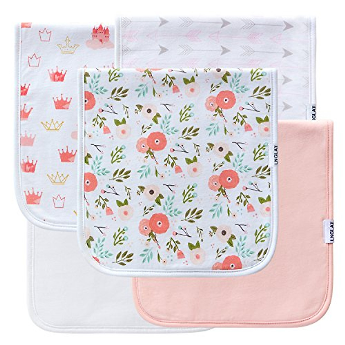 LNGLAT 5-Pack Baby Burp Cloth for Girls, 100% Organic Cotton, Triple Layer, Thick, Soft and Absorbent, Burping Rags for Newborns Baby Shower Set