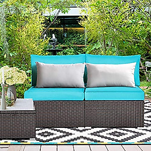 Tangkula 2 PCS Outdoor Wicker Armless Sofa, Patio Rattan Sectional Sofa Set w/2 Thick Seat Cushions and 2 Back Cushions, Additional Seats for Balcony Garden Patio Poolside (Turquoise)