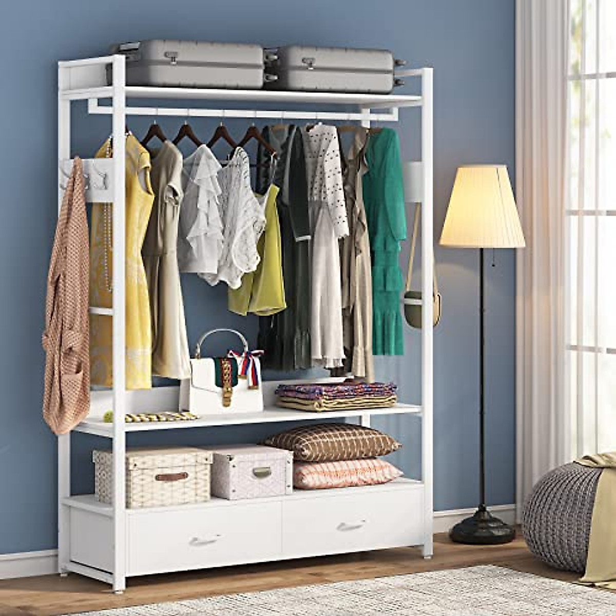 Tribesigns Freestanding Clothes Rack Shelves, Closet Organizer with Shelves Drawers and Hooks, Heavy Duty Garment Clothing Wardrobe Storage Shelving with Hanging Rod (White)