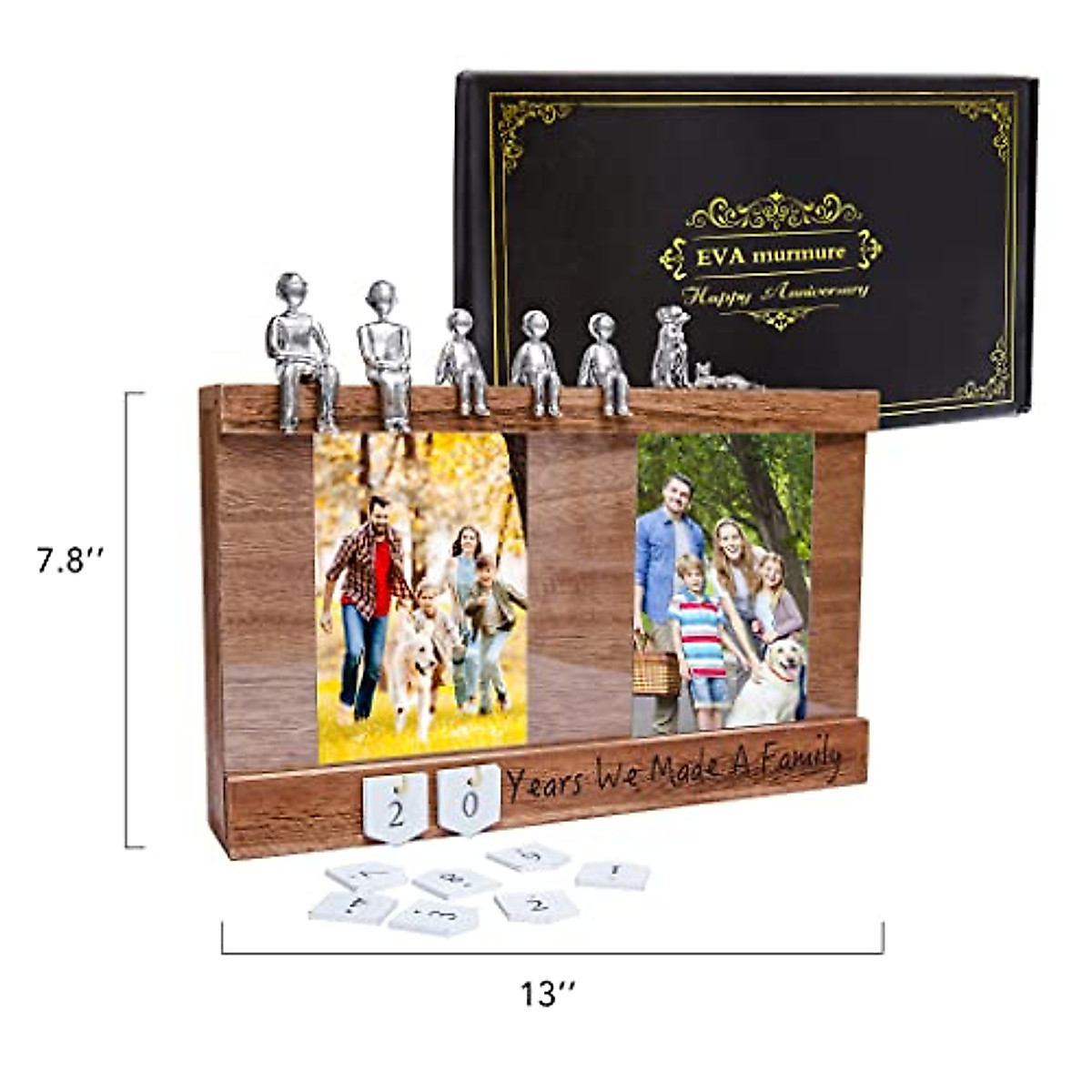 EVA murmure Personalized Romantic Wedding and Anniversary Keepsake Box with Family Statue - Wooden Memory Picture Box for Cherished Keepsakes and Ticket Storage - Elegant House Decor and Couple Gift