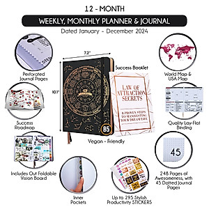 Law of Attraction Planner 2024 - Dated 2024 Planner, Hourly Planner, Daily Planner, Weekly Planner & Monthly Planner, Gratitude Journal, Positive Habit Maker, Vision Board, Stickers & Gift Box
