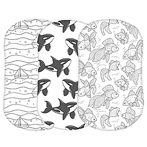 TansyPanda Bassinet Sheets for Halo Bassinest Swivel, Flex, Glide, Premiere and Luxe Series Sleeper, Pack of 3, 33 X 17 Inch, Ultra Soft, Snug Fit, Unisex Boys Girls, Gray White (Ocean Fish Theme)