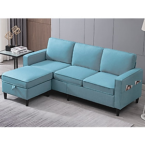 PUREMIND Modular Sectional Sofa Couch for Living Room, 78" 3-Seat Convertible Sofa with Storage Ottoman, Modern Linen Fabric L-Shaped Couch for Small Spaces, Bedroom, Apartment (Blue)