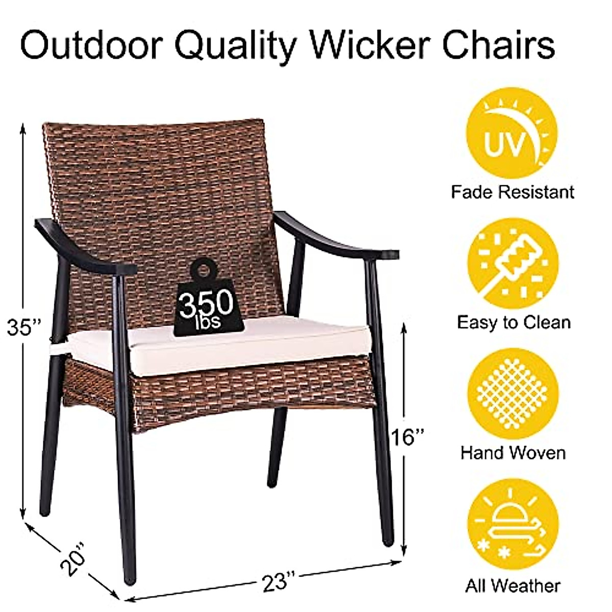 Sundale Outdoor Brown Wicker High Back Chairs with Cushions Set of 2, Patio All Weather PE Rattan Dining Bistro Chairs with Ergonomic Armrest for Indoor Outdoor
