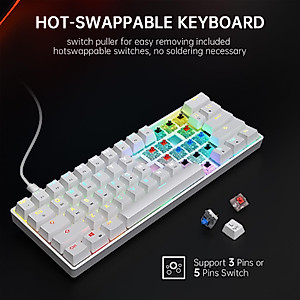 targeal 60% Mechanical Gaming Keyboard - 61 Keys Gateron Red Switch Quiet Office Computer Keyboard - Multi Color RGB Rainbow Led Backlit - Programmable for PC/Windows/Mac/Gamer - USB Wired - White