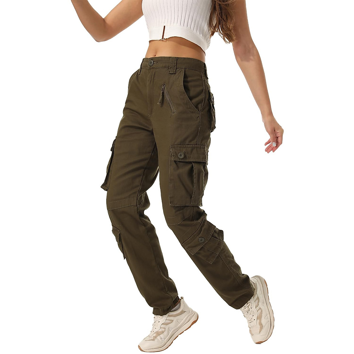 Raroauf Tall Girls Casual Pants for Women's Mid-Rise Cotton Work Cargo Pants Y2K Baggy Tactical Combat Trousers 8 Pockets Army Green Size 38/US 16