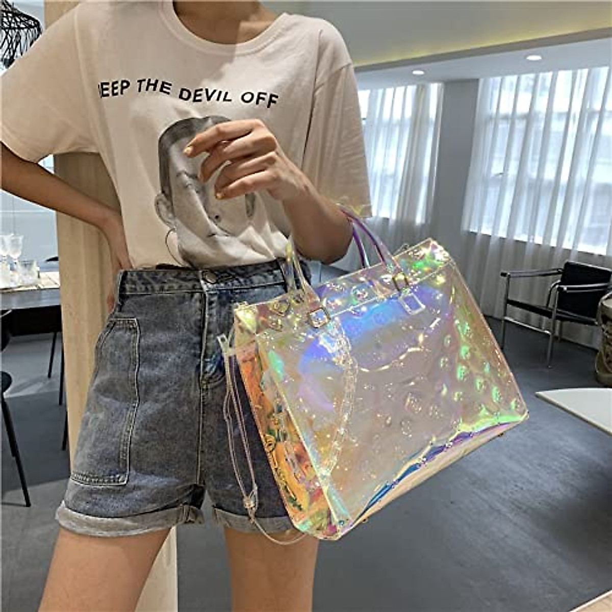 XinMaJiaSnail Women Holographic Tote Handbag Rainbow Colorful Clear Travel Bag Large Square Backpack