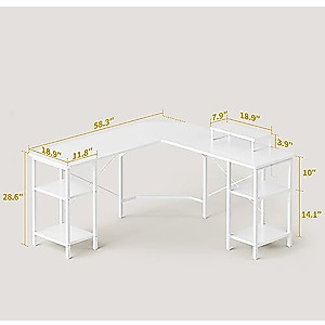 CubiCubi L Shaped Desk, 58.3 inch Computer Corner Desk with 2 Storage Shelves, Home Office Desk with Monitor Stand, White