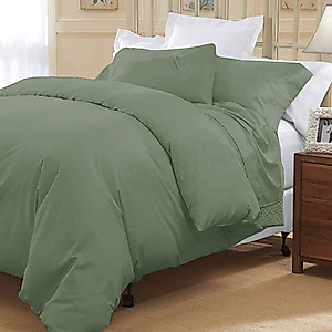 Super King Plus Size (120" x 120") Inch, 3Pcs Duvet Cover Set Zipper Closer & Corner Ties, 800 Thread Count 100% Egyptian Cotton, Duvet Cover Soft and Easy Care - Sage Solid