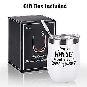 I'm a Nurse Wine Tumbler with Lid and Straw, Insulated Stainless Steel Wine Tumbler with Lid, Gifts for Nurse, New Nurse, RN Nurse Women on Nurse Week Graduation Thanksgiving Birthday (12 Oz, White)