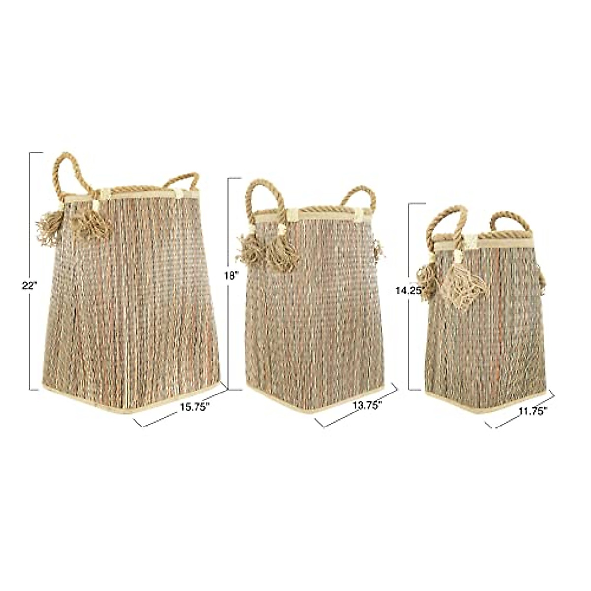 Creative Co-Op 14.25", 18" & 22" Handwoven Seagrass Handles & Tassels (Set of 3 Sizes) Baskets, Multicolor