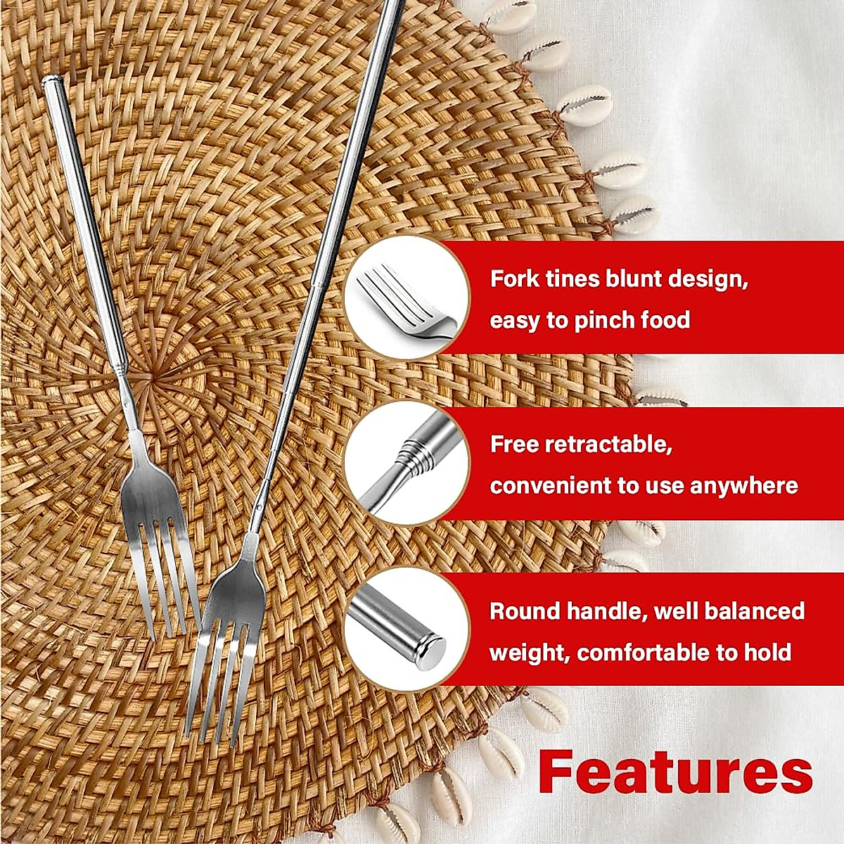 Chazcool Extendable Fork, Telescoping Fork, Extended Fork, Stainless Steel Retractable Fork, Fork Extender Long Fork, Extending Fork for Eating Dinner Fruit Dessert BBQ 8.7 to 25.4 Inch (1 pcs)