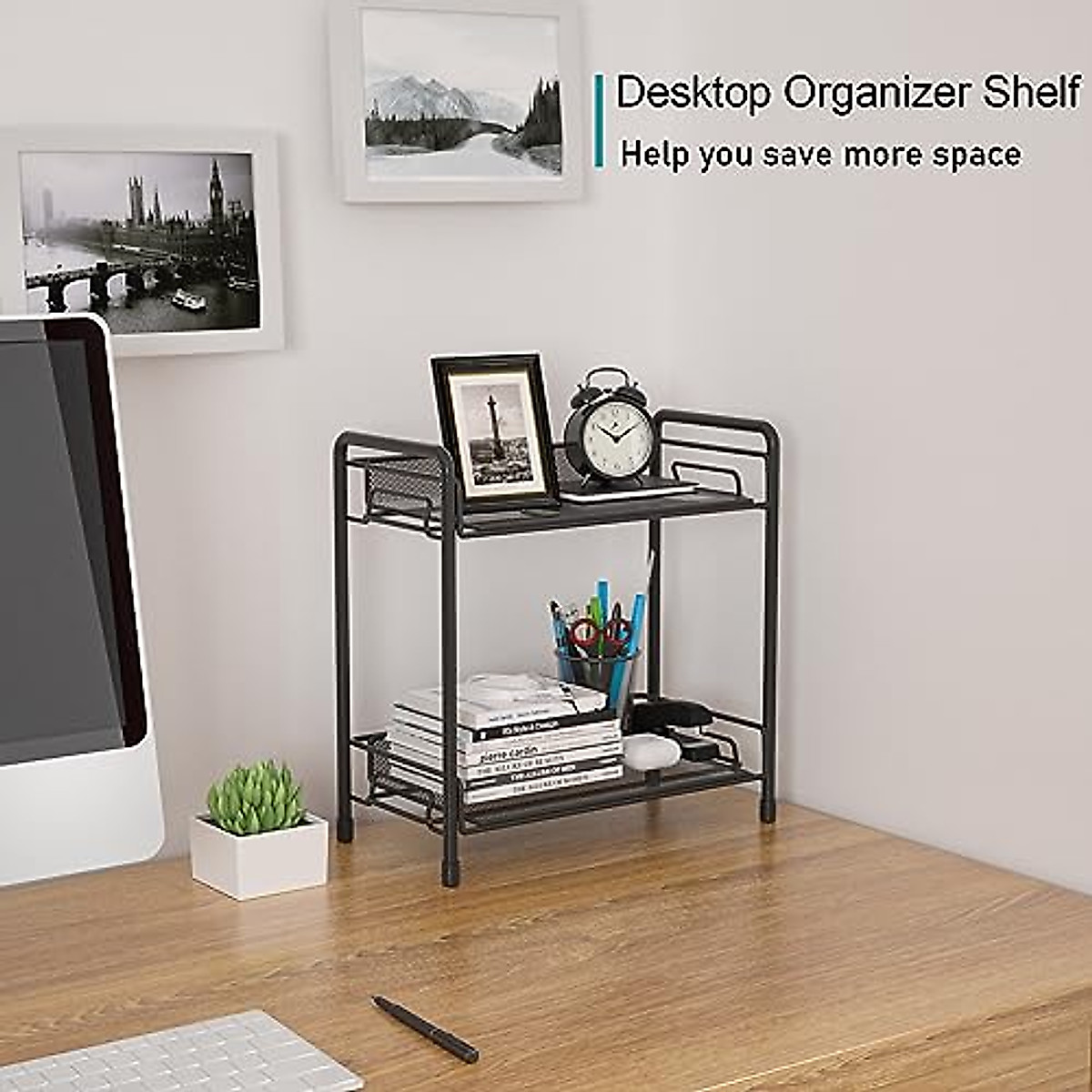 BOKIOVIN Coffee Stand Station Organizer for Countertop,Coffee Bar Organizer Accessories Shelves for Kitchen Counter 2 Tier(Black)
