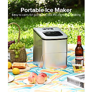 26Lbs Ice Maker Countertop, 9 Ice Cube Ready in 6 Mins, 26Lbs/24H, Self-Cleaning Ice Maker Machine, 2 Sizes Ice Cube Portable Ice Maker, Ice Scoop/Basket/Hook/5pcs Ice Bags, for Home Camping Party RV
