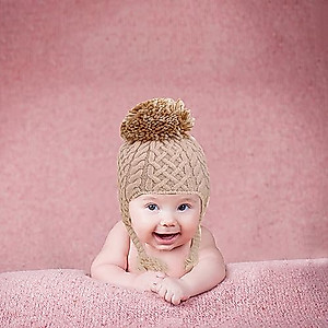 Baby Winter Beanies Cold Weather Hats Knitted Wool Pompom Hat Ear Flap Fleece Lined Beanie Hat for Newborn Baby 0-24M