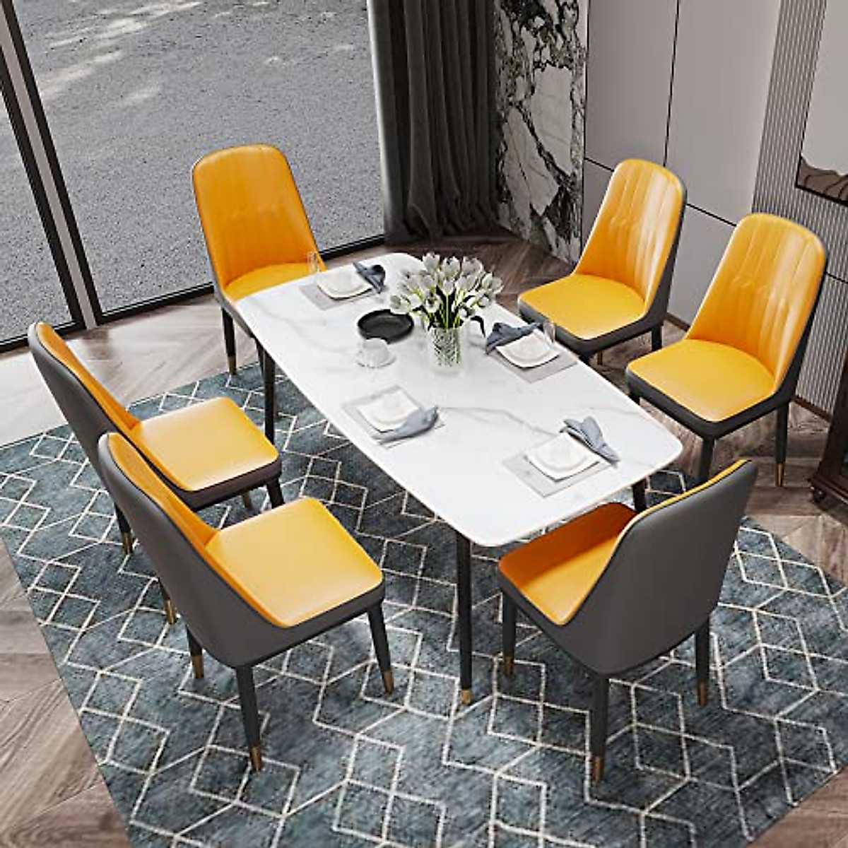 Dining Chairs Set of 4, PU Upholstered Kitchen Side Chair with Waterproof Surface and Metal Legs for Dining Room, Bedroom, Kitchen, Restaurant, Living Room, Bicolor Design (Orange-Grey)