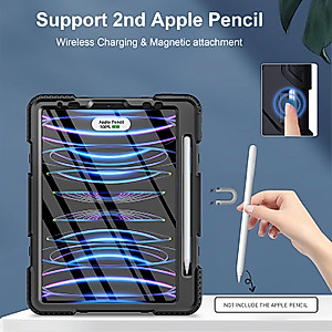 GROLEOA Case for iPad Pro 11 inch 2022/2021: Military Grade Shockproof Protective Cover with Screen Protector for iPad Pro 11 4th Gen 2022 / 3rd Gen 2021 + Pencil Holder + Stand + Strap- Black