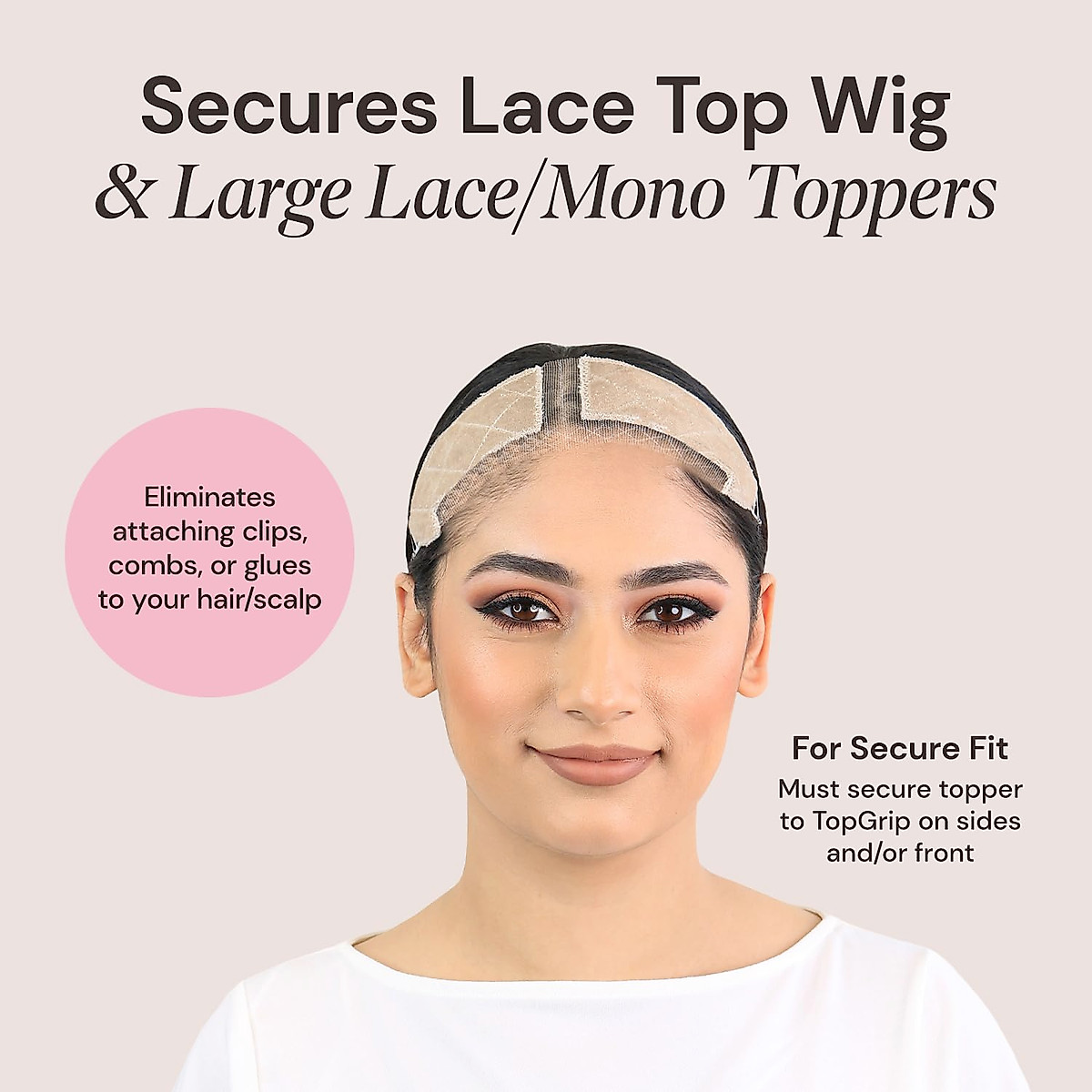 MILANO COLLECTION Lace Top Grip Comfort Band for Toppers Hair & Wiglets, Non-Slip & Glueless Velvet Wig Band for Large Base Hairpieces, Adjustable Top Grip for Hair Topper & Wigs, Beige, Large