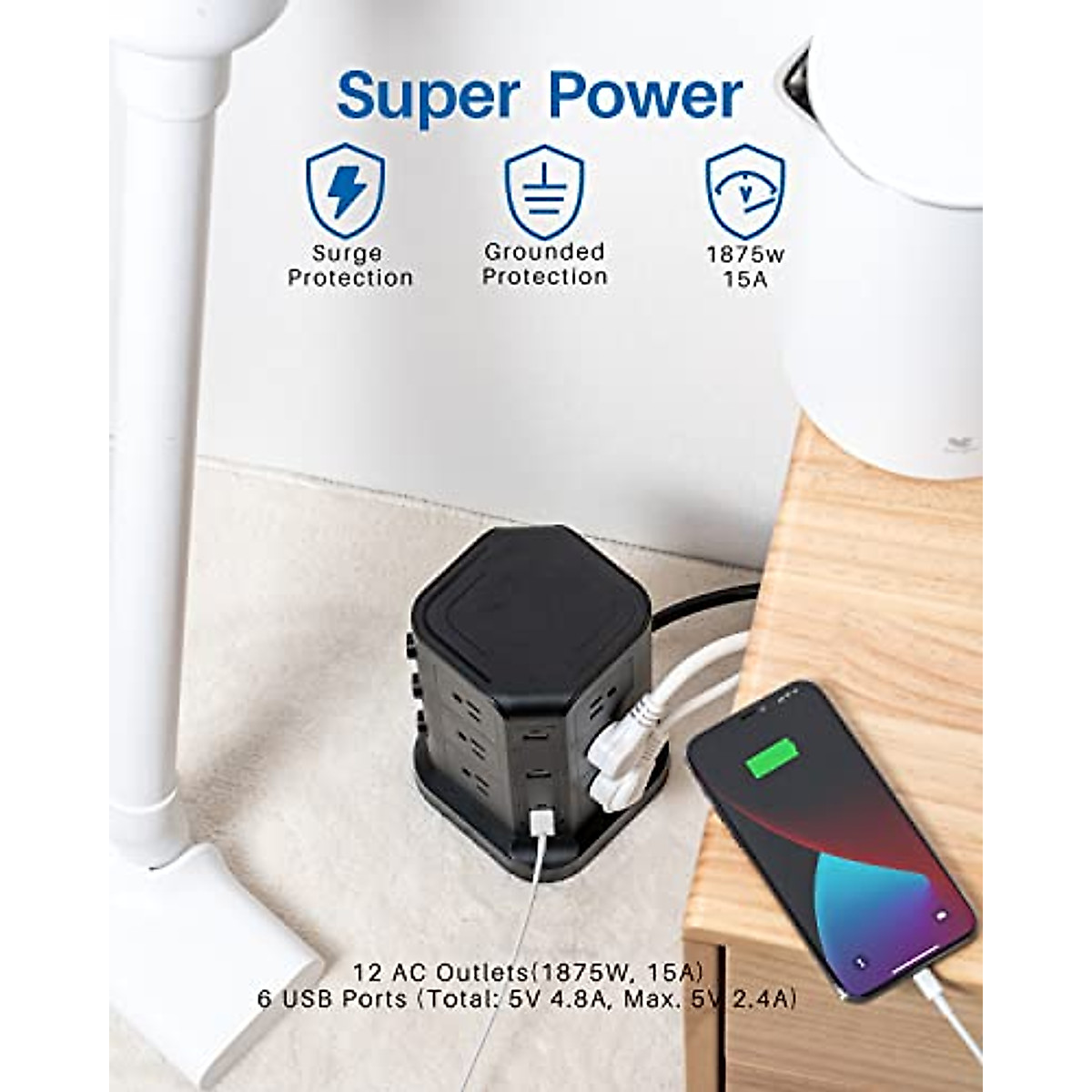 Power Strip Tower by KOOSLA, [15A 1500J] Surge Protector - 12 AC Multiple Outlets & 6 USB Ports, Flat Plug 14 AWG Heavy-Duty Extension Cord 6.5ft, Home Office Supplies, Dorm Room Essentials Black