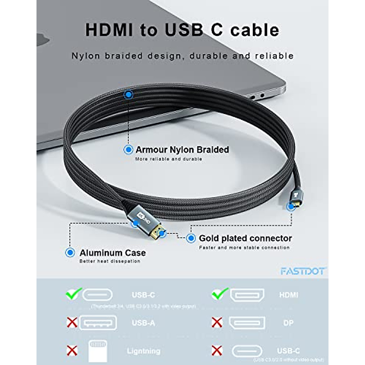 Fastdot USB C to HDMI Cable 6ft/1.8M (4K@30Hz), Thunderbolt 3 Compatible USB Type C HDMI Cable Compatible for MacBook Pro MacBook Air iPad Pro iMac ChromeBook Pixel