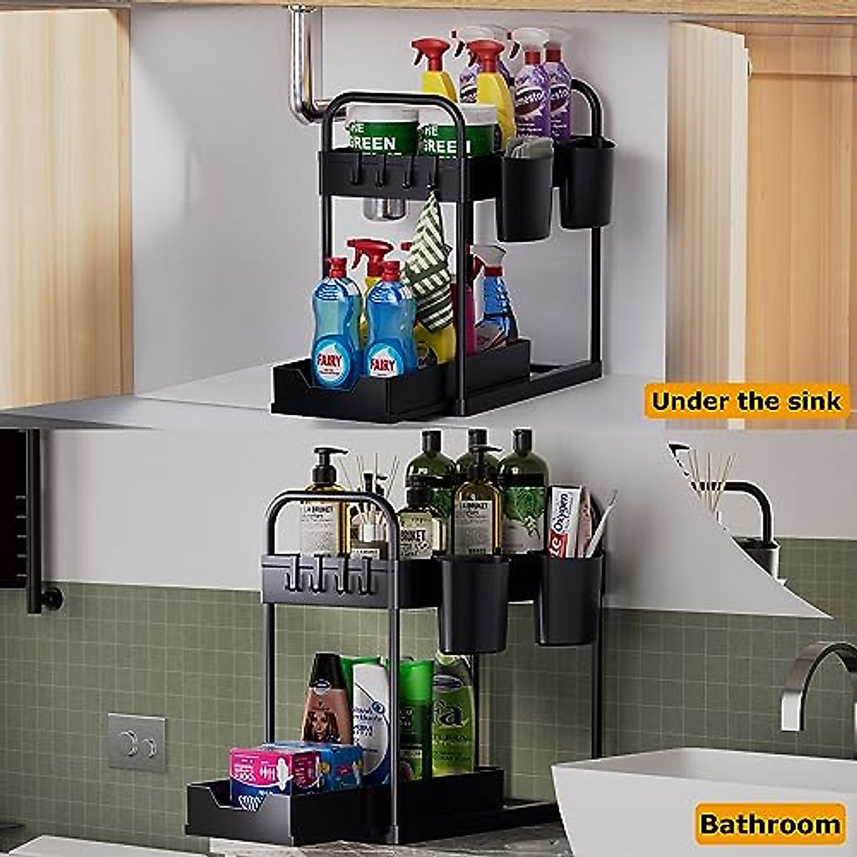 GEMWON Under Sink Organizer, 2 Tier Sliding Bathroom Organizer Cabinet Storage with Hooks, Hanging Cups, Handles, Multi-purpose Under Sink Shelf Organizer for Bathroom Kitchen(2 Pack)
