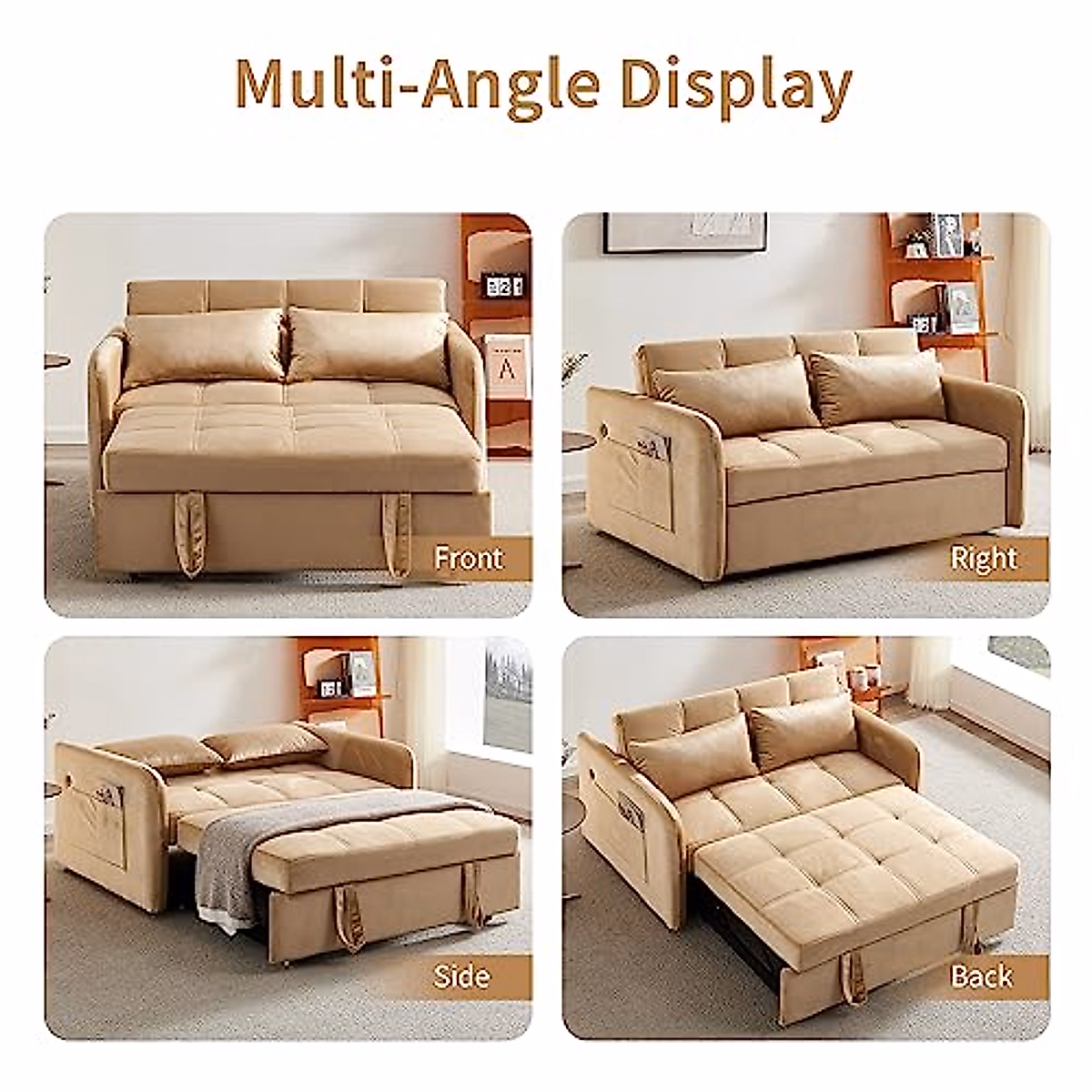 NIOIIKIT 3-in-1 Convertible Sleeper Sofa Bed, Modern Velvet Loveseat Sofa Couch, Chaise Lounge with Adjustable Backrest, Pillows, Pocket, Pull Out Bed for Living Room, Bedroom (Khaki)