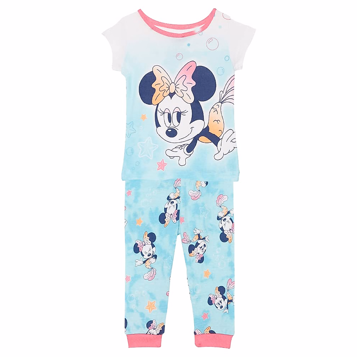 Disney Girls' Minnie Mouse 2-Piece Snug-Fit Cotton Pajamas Set, MERMAID MINNIE, 18M