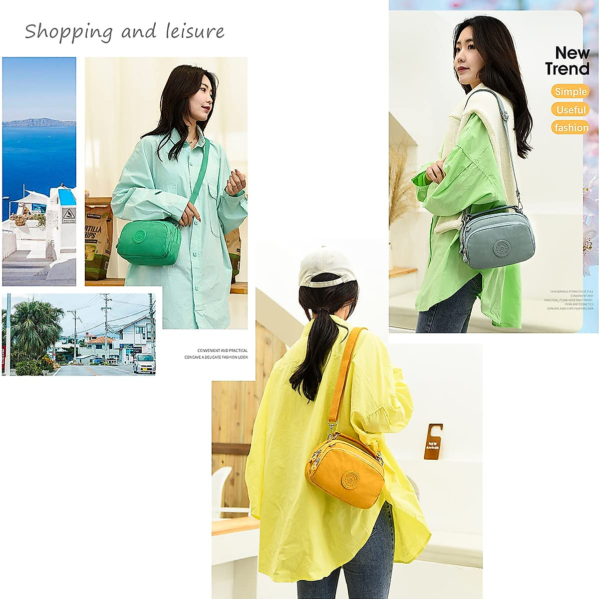 OPXTO-BoBo Lightweight Small Solid Color Crossbody shoulder bag, Nylon Multi-Pocket Cell Phone Purses Wallet for Women (Cute green)