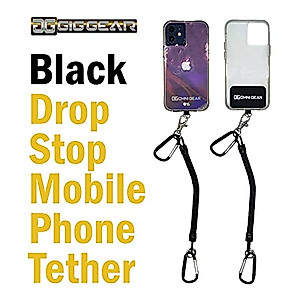 Drop Stop Mobile Phone Tether for Drop Damage and Theft Protection - Universal Phone Lanyard with Carabiners for Secure Vest Attachment - Tablet and Phone Carrier for Daily Activities (Black)
