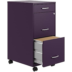 Hirsh Space Solutions 18" Deep Modern Mobile Metal Organizer File Cabinet with Cam Lock & Casters, 3-Drawer, Letter-Size, for Small Home/Home Office in Midnight Purple