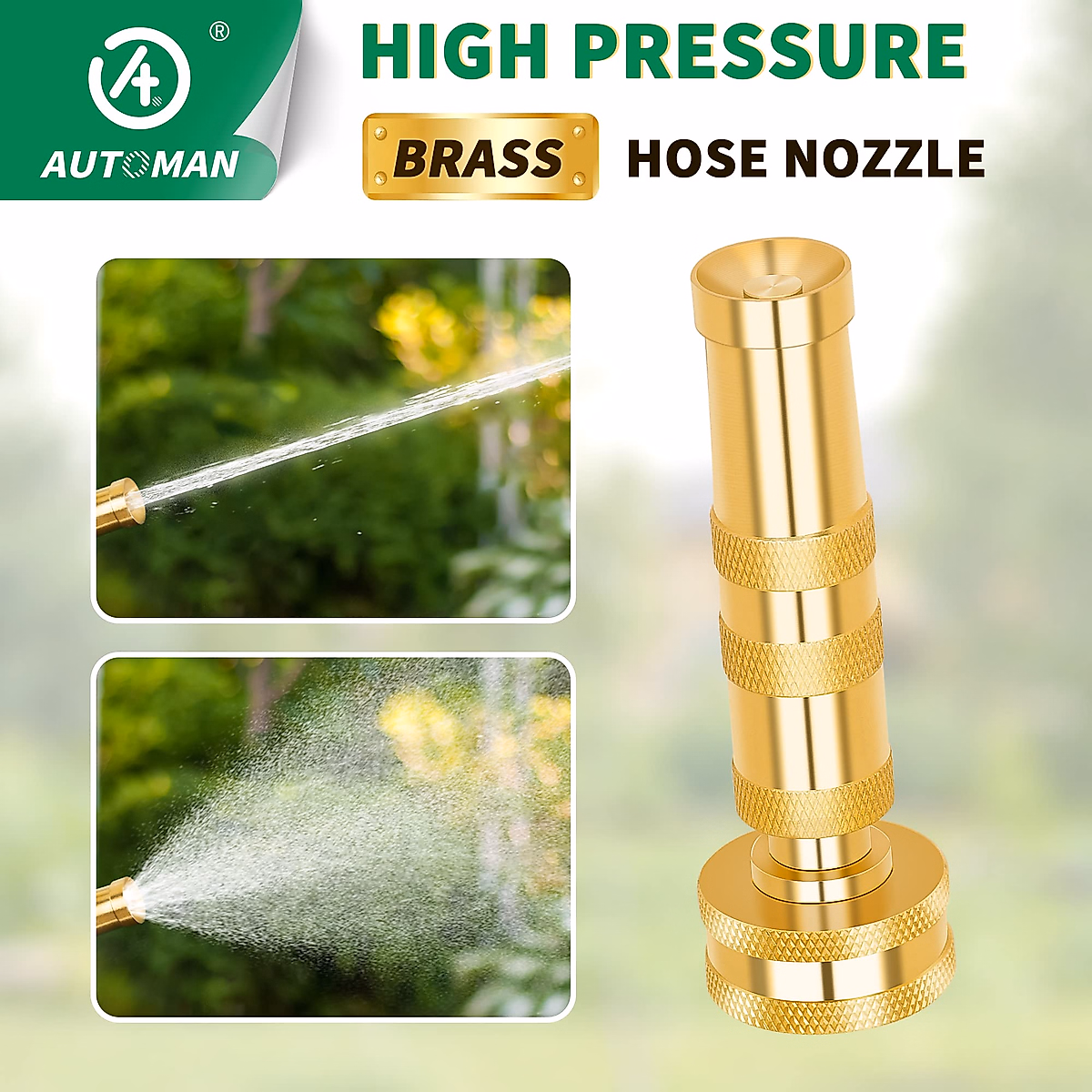 AUTOMAN Brass Hose Nozzle – High Pressure Jet Nozzles 3 Pack, Heavy Duty Sprayer for Garden Hoses, Adjustable Spray Gun,Solid Twist Water Hose Nozzle for Patio, Lawn, Car Wash, Extra 10 Rubber Washers