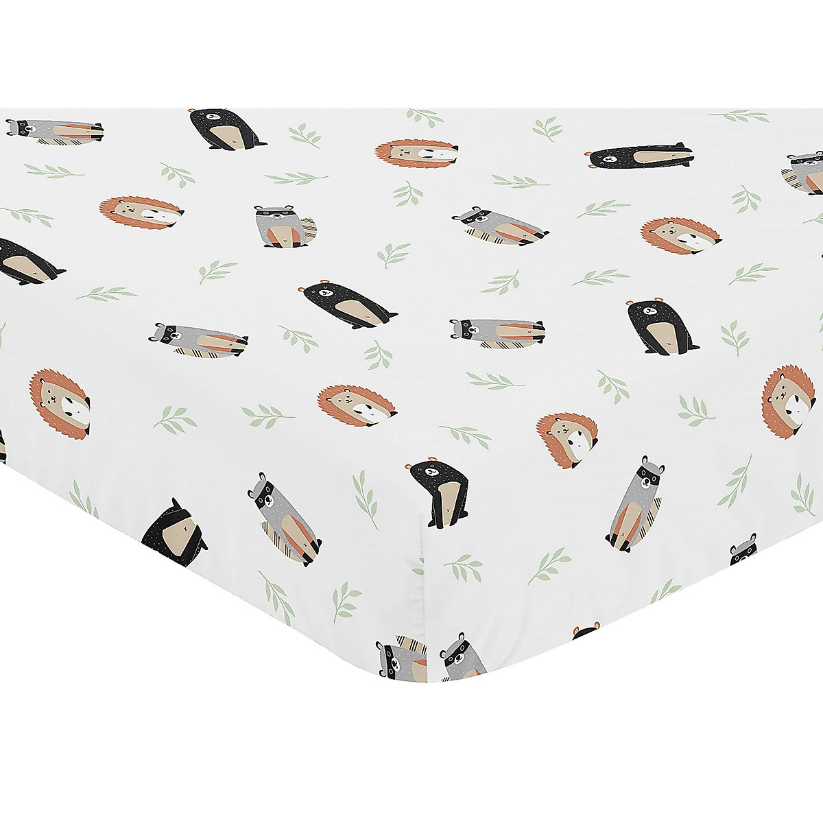 Sweet Jojo Designs Bear Raccoon Hedgehog Forest Animal Unisex Boy or Girl Baby or Toddler Nursery Fitted Crib Sheet for Woodland Pals Collection - Neutral Beige, Green, Black and Grey