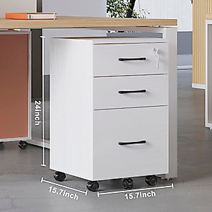 3 Drawer Wood Mobile File Cabinet with 1 Lock, Under Desk File Cabinet with 5 Wheels, Rolling Filing Cabinet for Home Office, Filing Cabinet Organizer, for Letter Sized Documents (White)