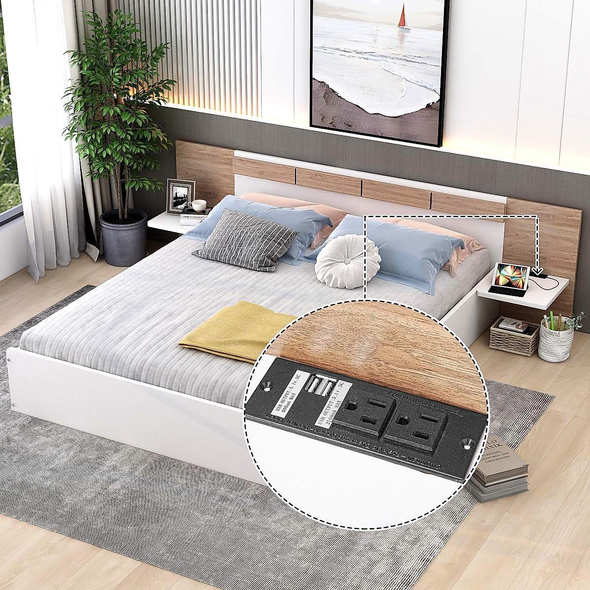 TURRIDU Queen Bed Frame with Storage, Bed Frame Queen Size with 2 Side Shelves, Outlets and USB Ports, Queen Size Platform Bed Frame with Wood Slats Support for Bedroom, Guest Room,White