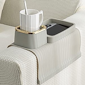 Couch Cup Holder Tray, Elimiko Silicone Anti-Spill and Anti-Slip Couch Drink Holder, Strong and Weighted Phone/Remote/Snacks Sofa Cup Holder, Gifts for Mom, Dad, Husband, Grandma, Grandpa (Griege)