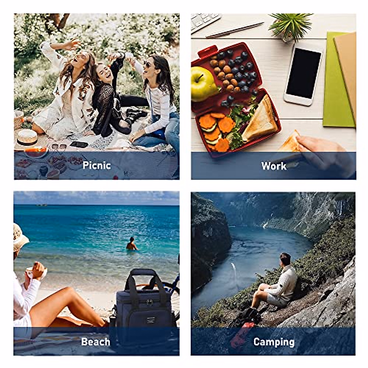 DENUONISS Insulated Lunch Bag for Women/Men Foldable Soft Lunch Cooler Bag Tote Adult Lunch Box Bag Frozen Lunch Bags Thermal Bento Bag for Work Travel Beach Camping,(12L) 16-Can, Gray