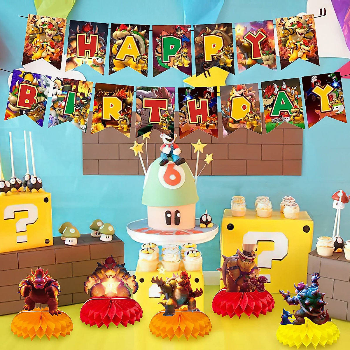 8Pcs Bowser Birthday Party Supplies, Mario Bowser Theme Table Decorations, Honeycomb Centerpieces 3D Double Side for Mario Bowser Fans Boys Girls