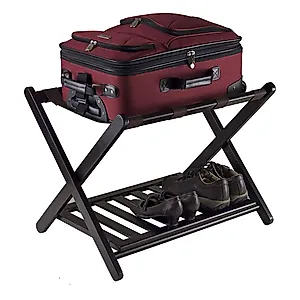 FiveShops Luggage Rack with Shelf, Folding Bamboo Suitcase Luggage Stand, Double Tiers Luggage Holder with Shoe Shelf, Casual Organization Storage Chests for Bedroom, Guest Room, Hotel, Black