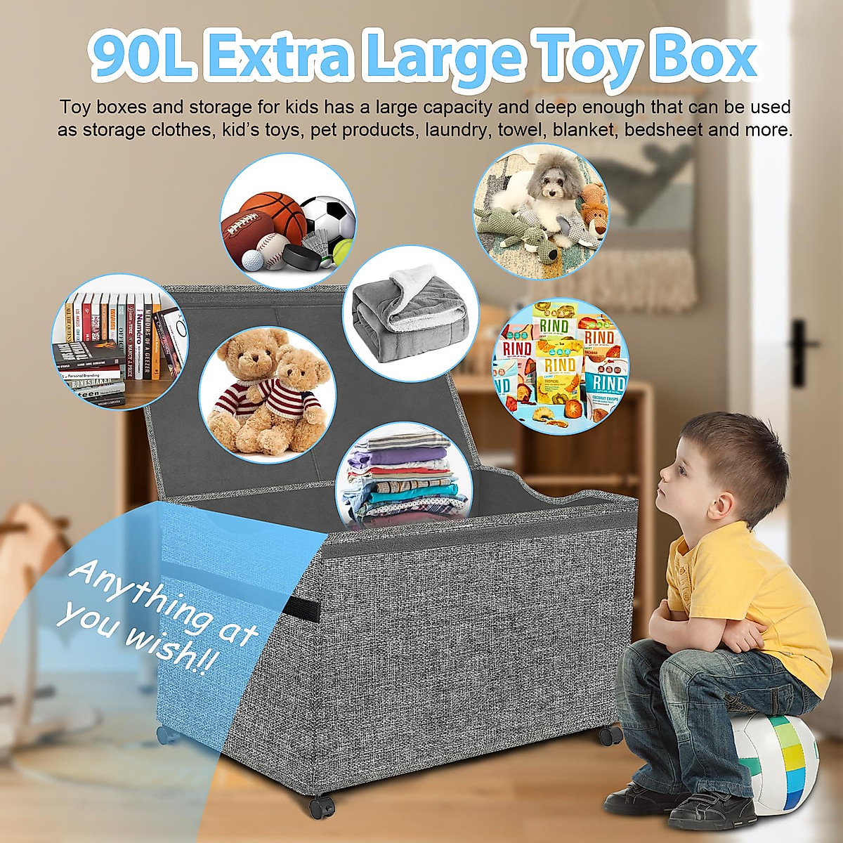 VERONLY Large Kids Toy Box Storage Chest with 360°Wheels,Toy box with Lid for Boys, Girls,Collapsible Sturdy Toy Storage Bins Containers for Stuffed Animals, Clothes, Bedroom, Nursery, Playroom -Gray